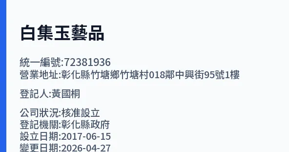白集玉藝品的照片-統編 72381936(彰化縣) 公司登記資料與營業項目詳細圖表