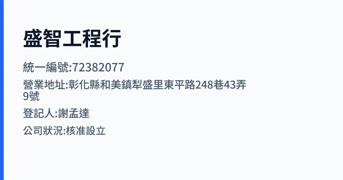 盛智工程行 - 統編 72382077(彰化縣) 公司登記資料與營業項目詳細圖表