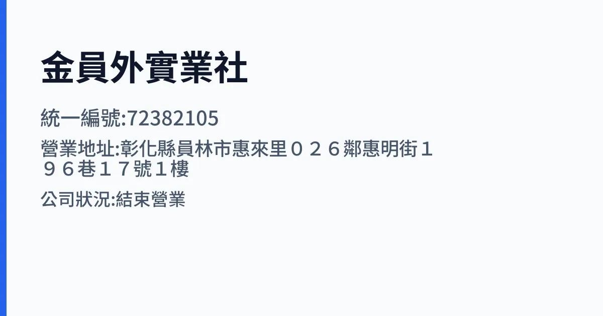 金員外實業社 - 統編 72382105(彰化縣) 公司登記資料與營業項目詳細圖表