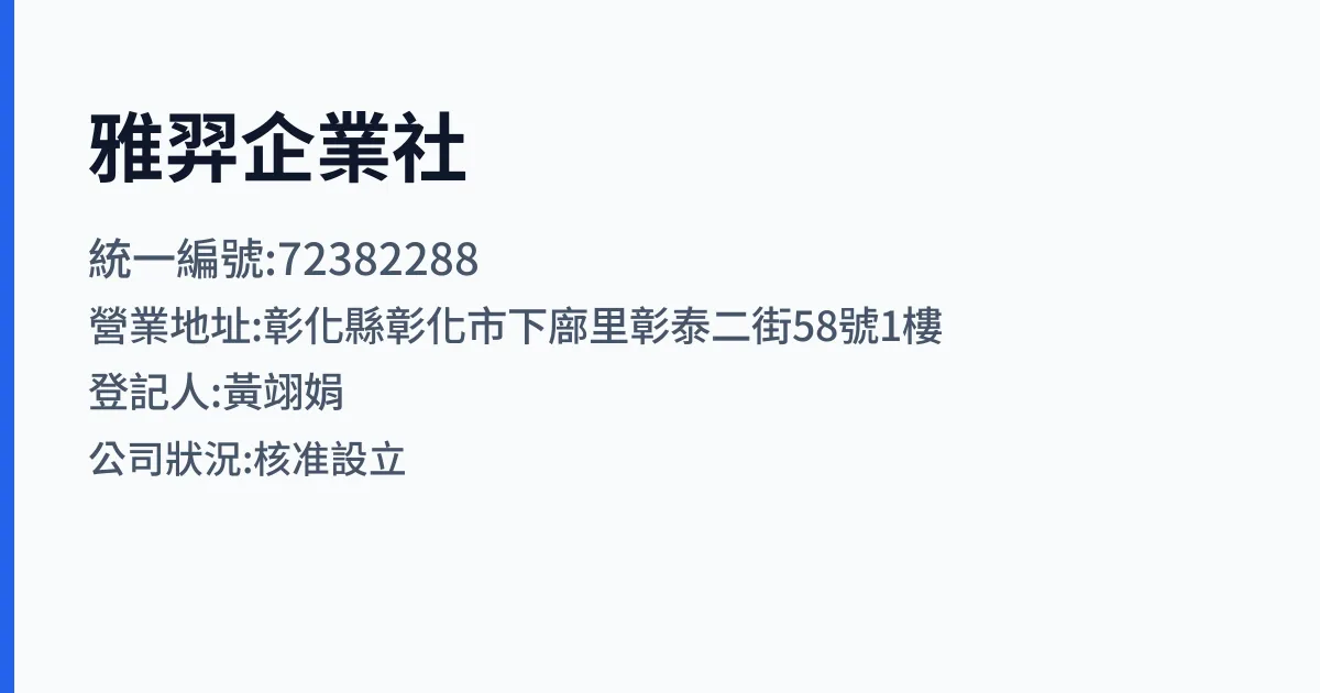雅羿企業社 - 統編 72382288(彰化縣) 公司登記資料與營業項目詳細圖表