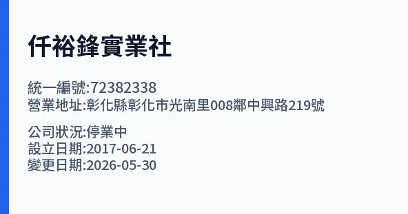 仟裕鋒實業社的照片-統編 72382338(彰化縣) 公司登記資料與營業項目詳細圖表