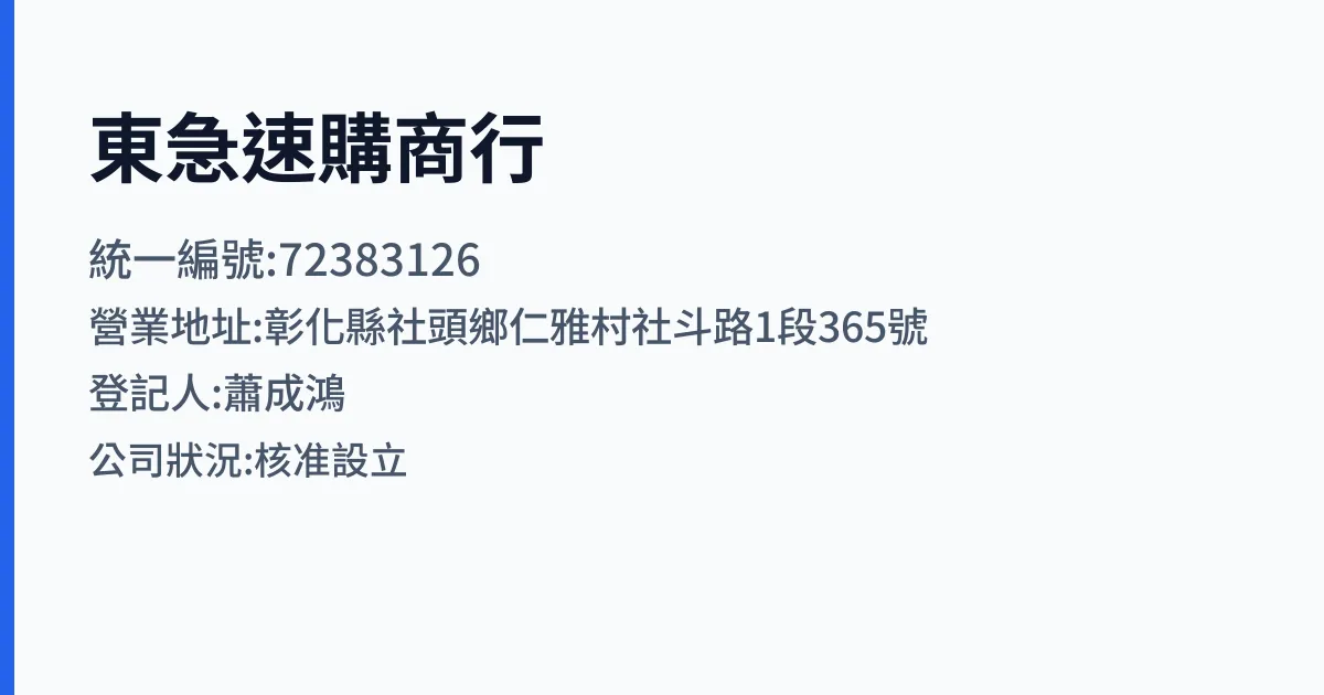 東急速購商行 - 統編 72383126(彰化縣) 公司登記資料與營業項目詳細圖表