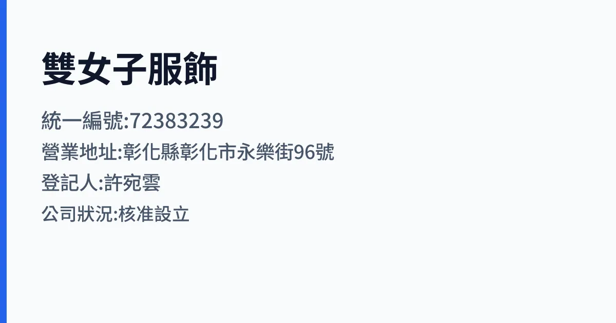 雙女子服飾 - 統編 72383239(彰化縣) 公司登記資料與營業項目詳細圖表