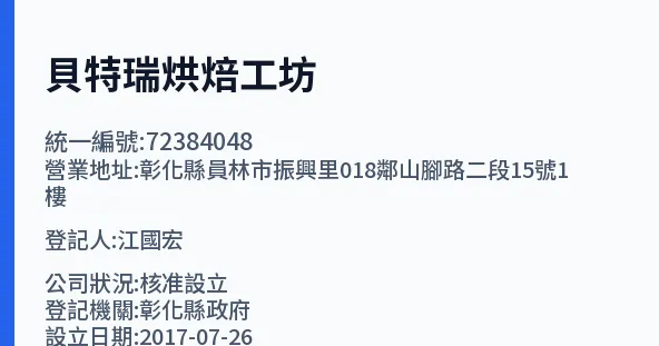 貝特瑞烘焙工坊的照片-統編 72384048(彰化縣) 公司登記資料與營業項目詳細圖表