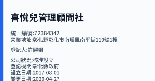 喜悅兒管理顧問社的照片-統編 72384342(彰化縣) 公司登記資料與營業項目詳細圖表