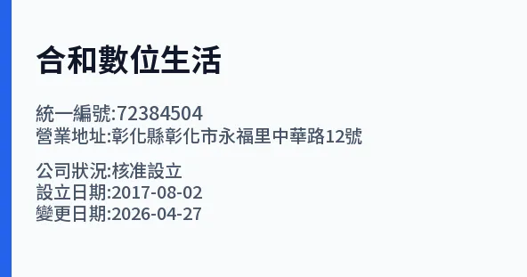 合和數位生活的照片-統編 72384504(彰化縣) 公司登記資料與營業項目詳細圖表