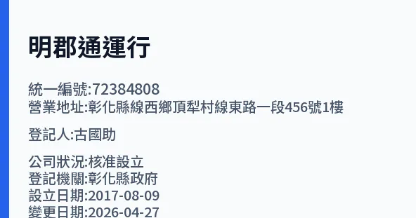 明郡通運行的照片-統編 72384808(彰化縣) 公司登記資料與營業項目詳細圖表