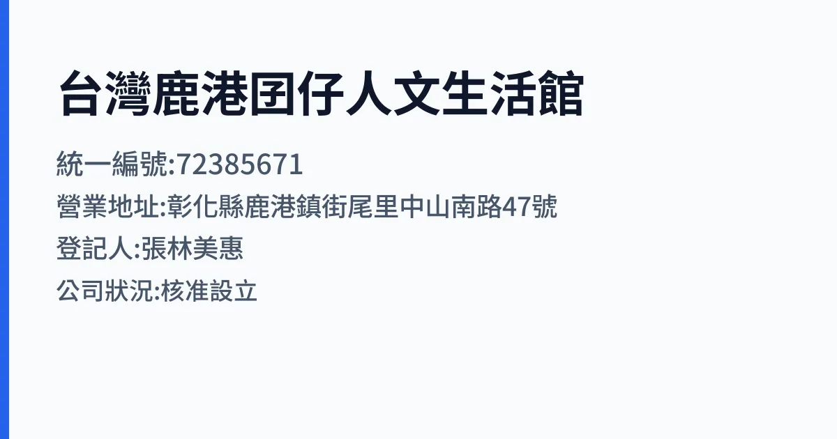 台灣鹿港囝仔人文生活館 - 統編 72385671(彰化縣) 公司登記資料與營業項目詳細圖表
