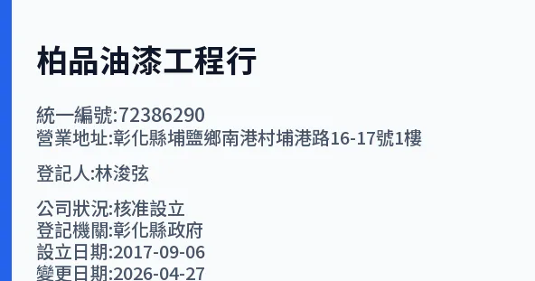 柏品油漆工程行的照片-統編 72386290(彰化縣) 公司登記資料與營業項目詳細圖表