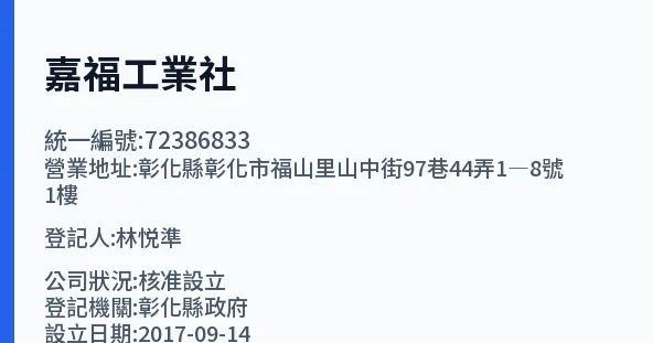 嘉福工業社的照片-統編 72386833(彰化縣) 公司登記資料與營業項目詳細圖表