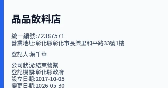 晶品飲料店的照片-統編 72387571(彰化縣) 公司登記資料與營業項目詳細圖表
