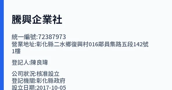 騰興企業社的照片-統編 72387973(彰化縣) 公司登記資料與營業項目詳細圖表