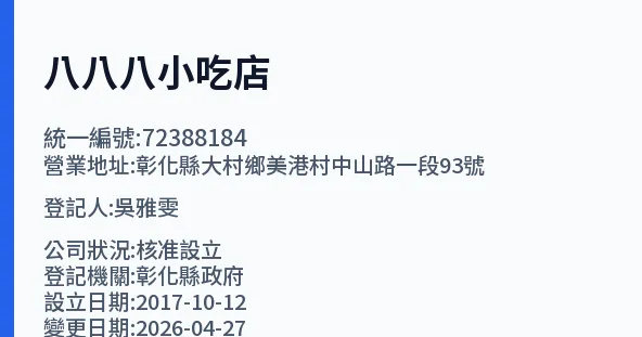八八八小吃店的照片-統編 72388184(彰化縣) 公司登記資料與營業項目詳細圖表