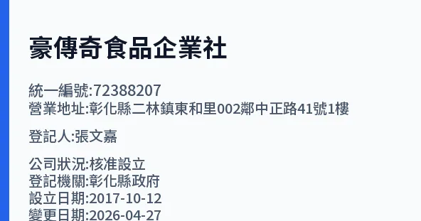 豪傳奇食品企業社的照片-統編 72388207(彰化縣) 公司登記資料與營業項目詳細圖表