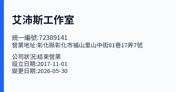 艾沛斯工作室的照片-統編 72389141(彰化縣) 公司登記資料與營業項目詳細圖表