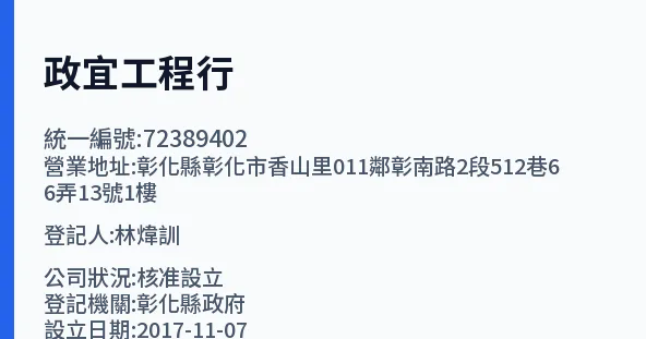 政宜工程行的照片-統編 72389402(彰化縣) 公司登記資料與營業項目詳細圖表