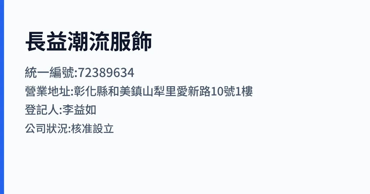 長益潮流服飾 - 統編 72389634(彰化縣) 公司登記資料與營業項目詳細圖表