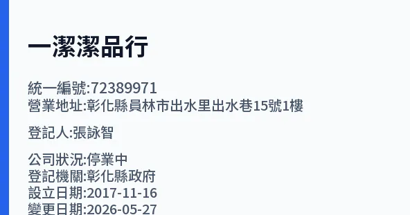 一潔潔品行的照片-統編 72389971(彰化縣) 公司登記資料與營業項目詳細圖表