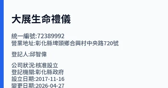 大展生命禮儀的照片-統編 72389992(彰化縣) 公司登記資料與營業項目詳細圖表