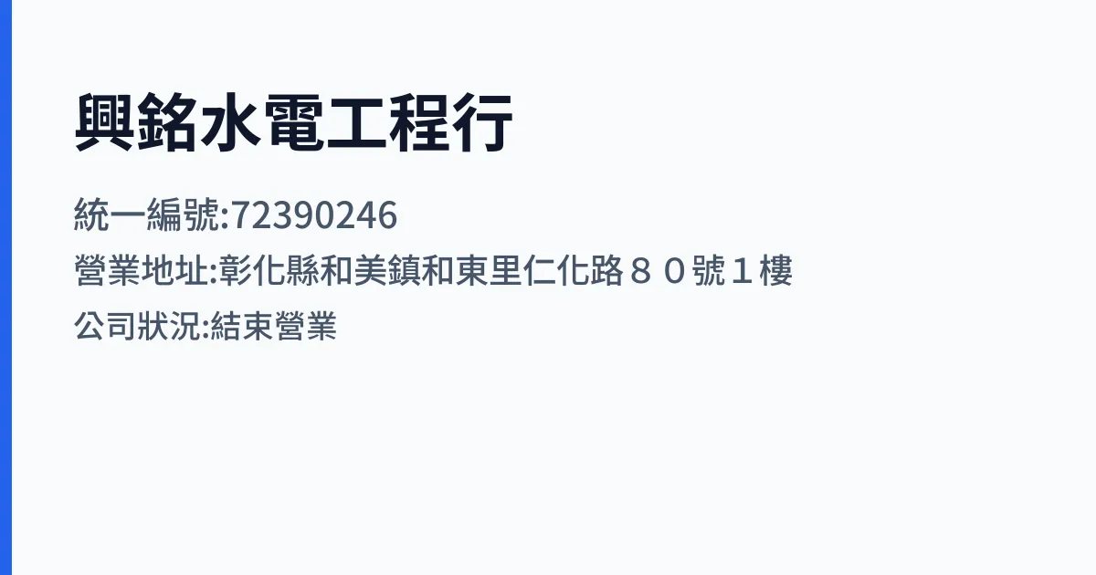 興銘水電工程行 - 統編 72390246(彰化縣) 公司登記資料與營業項目詳細圖表