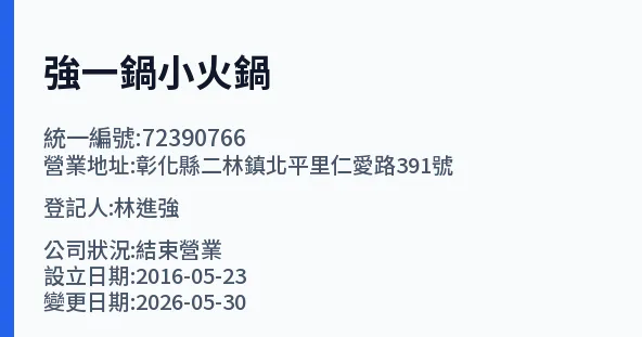 強一鍋小火鍋的照片-統編 72390766(彰化縣) 公司登記資料與營業項目詳細圖表