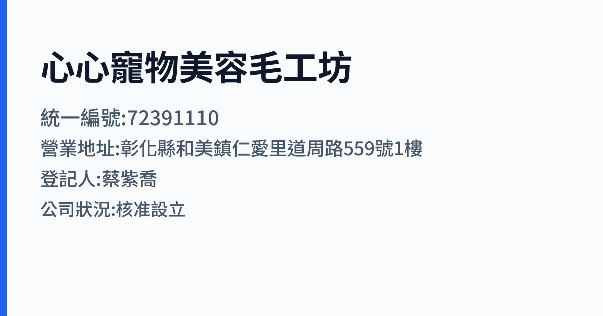 心心寵物美容毛工坊 - 統編 72391110(彰化縣) 公司登記資料與營業項目詳細圖表