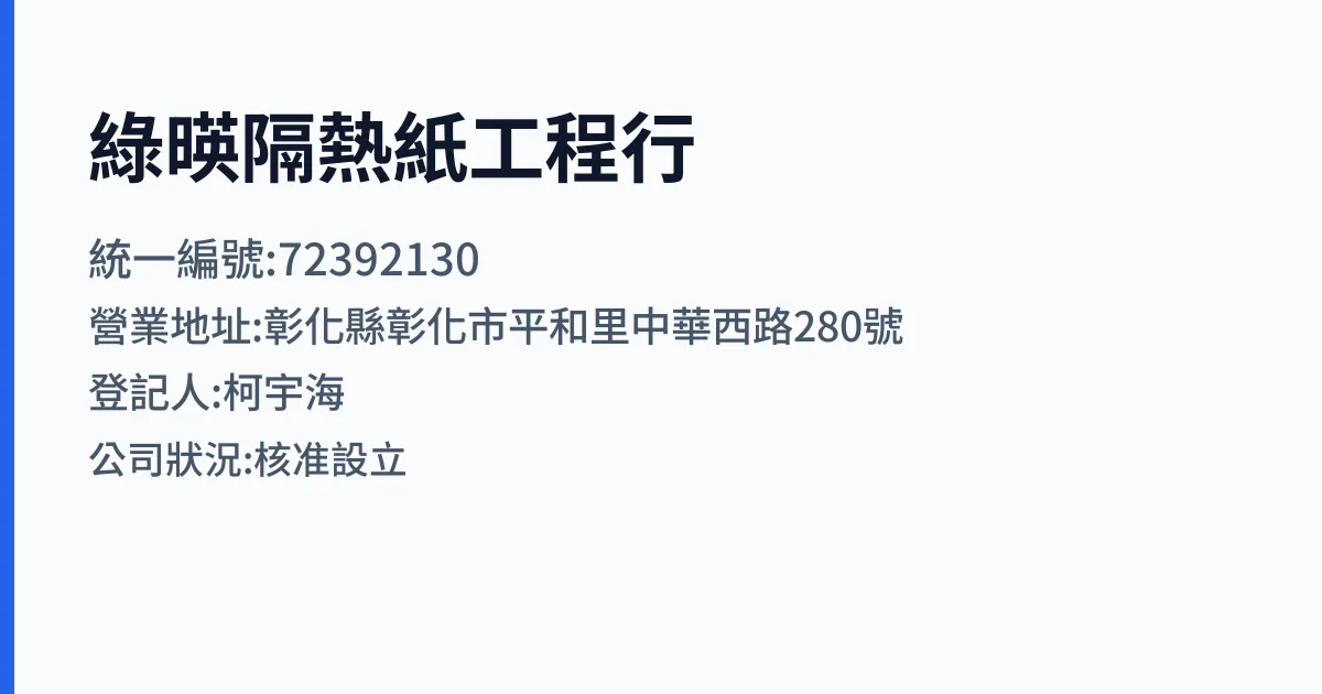 綠暎隔熱紙工程行 - 統編 72392130(彰化縣) 公司登記資料與營業項目詳細圖表