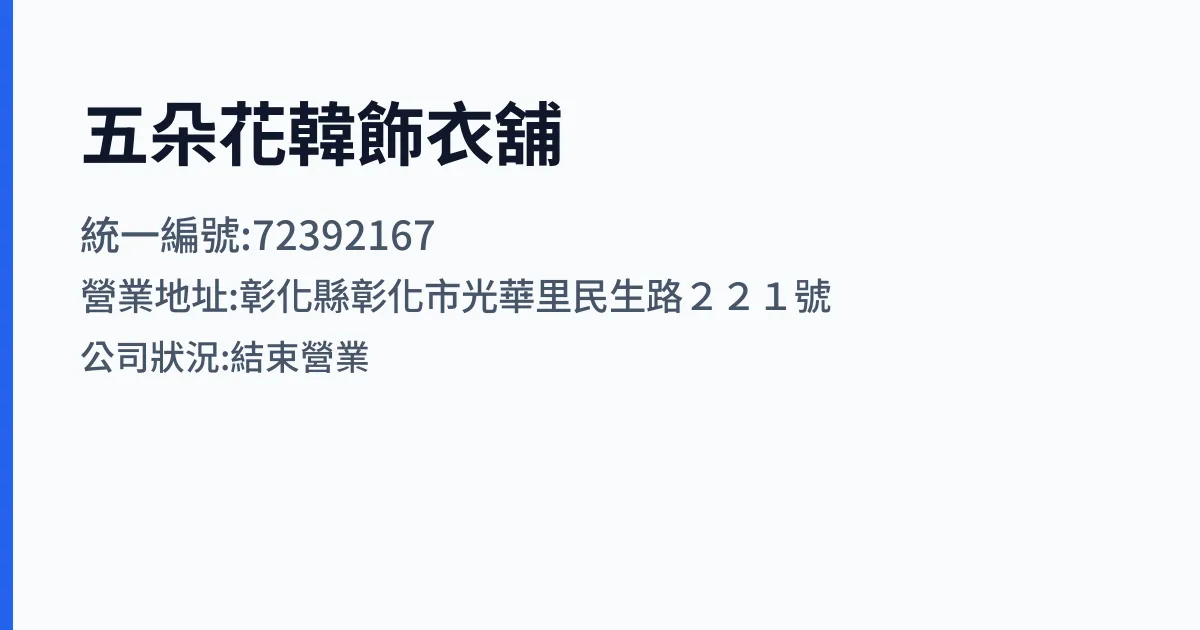 五朵花韓飾衣舖 - 統編 72392167(彰化縣) 公司登記資料與營業項目詳細圖表