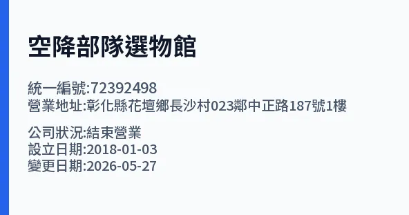 空降部隊選物館的照片-統編 72392498(彰化縣) 公司登記資料與營業項目詳細圖表