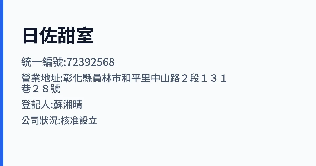 日佐甜室 - 統編 72392568(彰化縣) 公司登記資料與營業項目詳細圖表