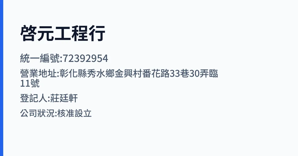 啓元工程行 - 統編 72392954(彰化縣) 公司登記資料與營業項目詳細圖表