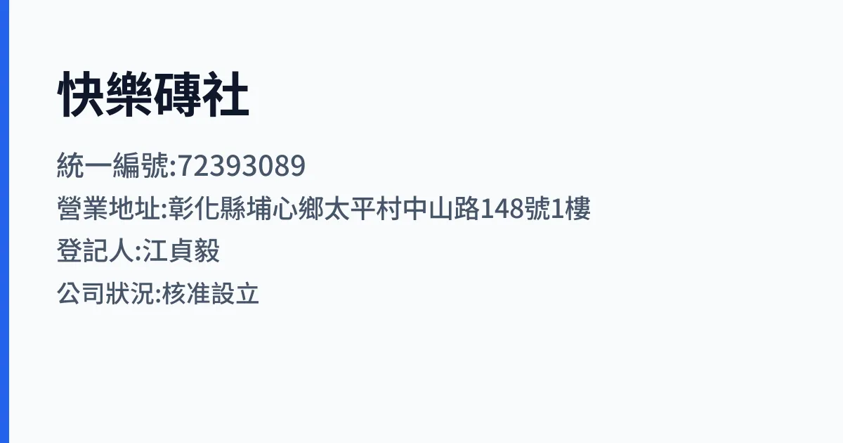 快樂磚社 - 統編 72393089 (彰化縣) 公司登記資料與營業項目詳細圖表