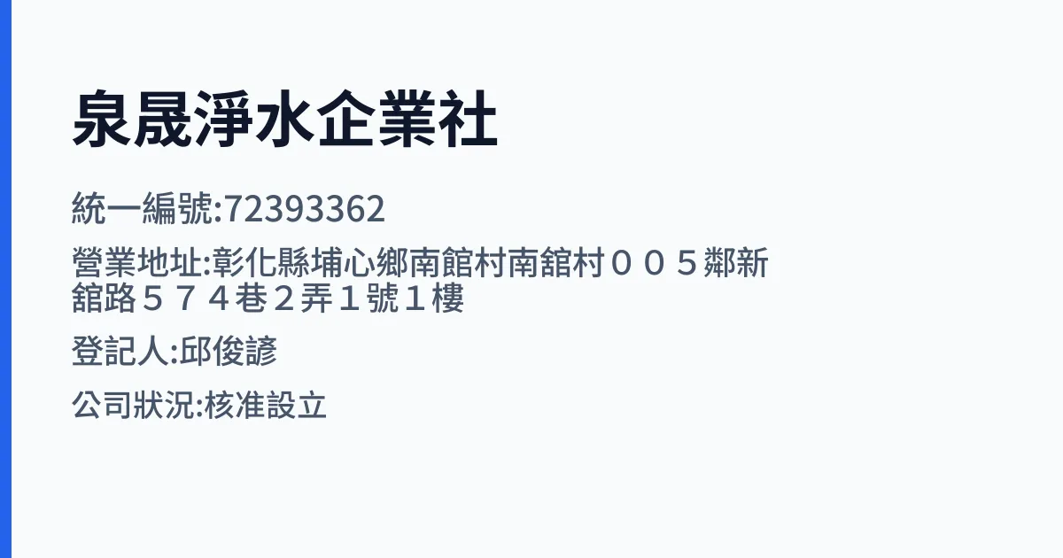 泉晟淨水企業社 - 統編 72393362(彰化縣) 公司登記資料與營業項目詳細圖表