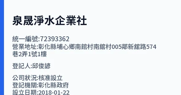 泉晟淨水企業社的照片-統編 72393362(彰化縣) 公司登記資料與營業項目詳細圖表
