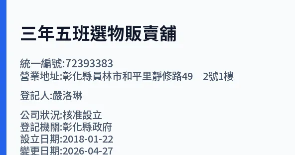 三年五班選物販賣舖的照片-統編 72393383(彰化縣) 公司登記資料與營業項目詳細圖表