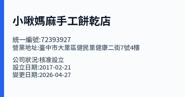 小啾媽麻手工餅乾店的照片-統編 72393927(臺中市) 公司登記資料與營業項目詳細圖表