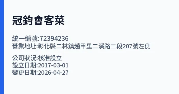 冠鈞會客菜的照片-統編 72394236(彰化縣) 公司登記資料與營業項目詳細圖表