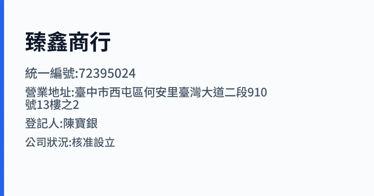 臻鑫商行 - 統編 72395024(臺中市) 公司登記資料與營業項目詳細圖表