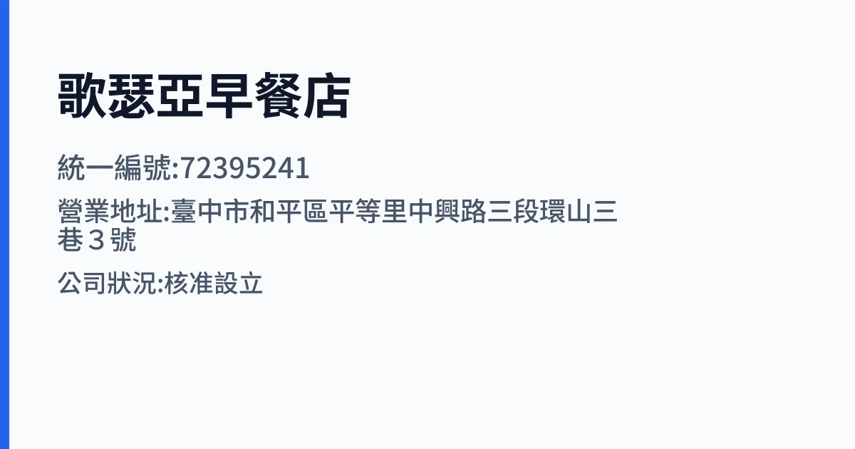 歌瑟亞早餐店 - 統編 72395241(臺中市) 公司登記資料與營業項目詳細圖表