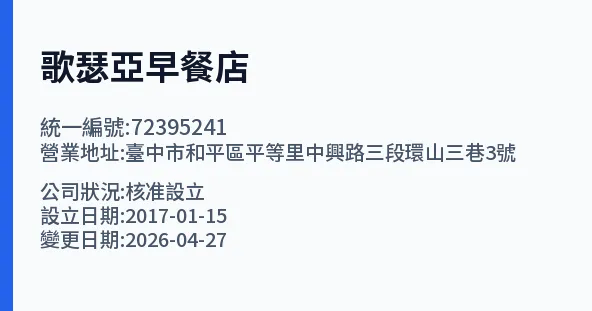 歌瑟亞早餐店的照片-統編 72395241(臺中市) 公司登記資料與營業項目詳細圖表