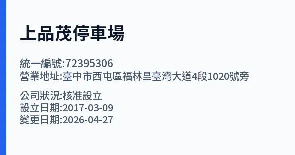 上品茂停車場的照片-統編 72395306(臺中市) 公司登記資料與營業項目詳細圖表
