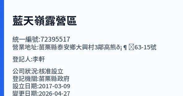 藍天嶺露營區的照片-統編 72395517(苗栗縣) 公司登記資料與營業項目詳細圖表