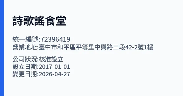 詩歌謠食堂的照片-統編 72396419(臺中市) 公司登記資料與營業項目詳細圖表