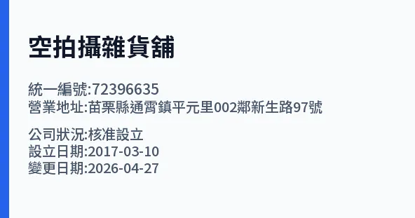空拍攝雜貨舖的照片-統編 72396635(苗栗縣) 公司登記資料與營業項目詳細圖表