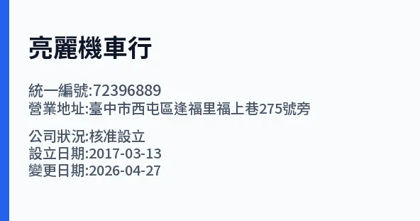 亮麗機車行的照片-統編 72396889(臺中市) 公司登記資料與營業項目詳細圖表