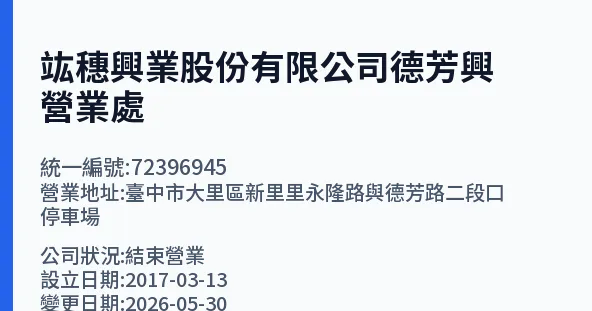 竑穗興業股份有限公司德芳興營業處的照片-統編 72396945(臺中市) 公司登記資料與營業項目詳細圖表