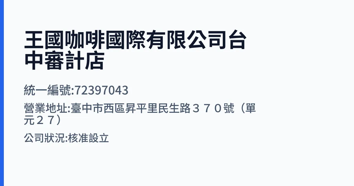 王國咖啡國際有限公司台中審計店 - 統編 72397043(臺中市) 公司登記資料與營業項目詳細圖表