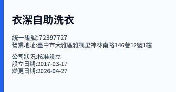 衣潔自助洗衣的照片-統編 72397727(臺中市) 公司登記資料與營業項目詳細圖表