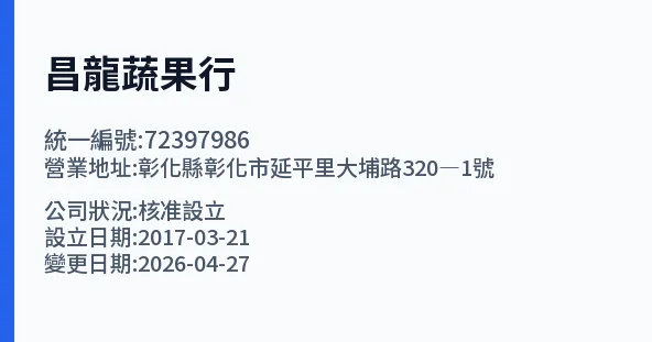 昌龍蔬果行的照片-統編 72397986(彰化縣) 公司登記資料與營業項目詳細圖表
