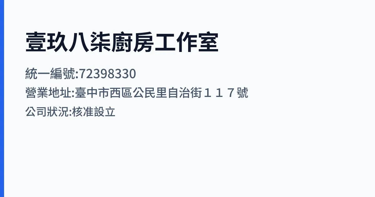 壹玖八柒廚房工作室 - 統編 72398330（臺中市） 公司登記資料與營業項目詳細圖表